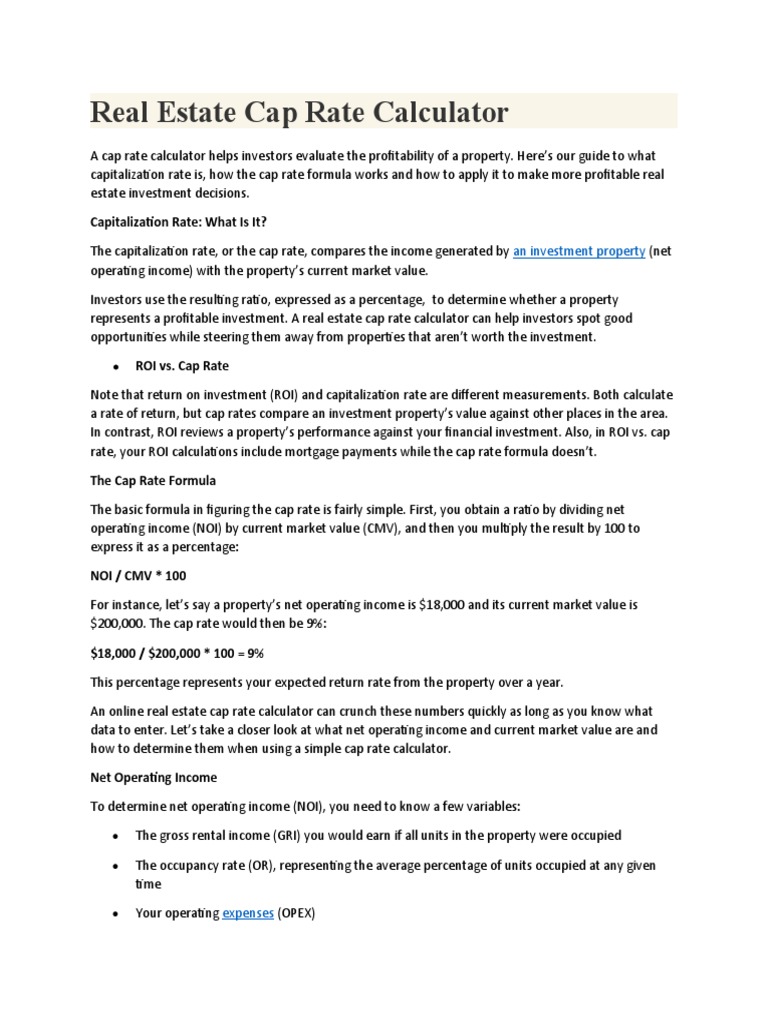 Real Estate Cap Rate Calculator | PDF | Return On Investment | Investing