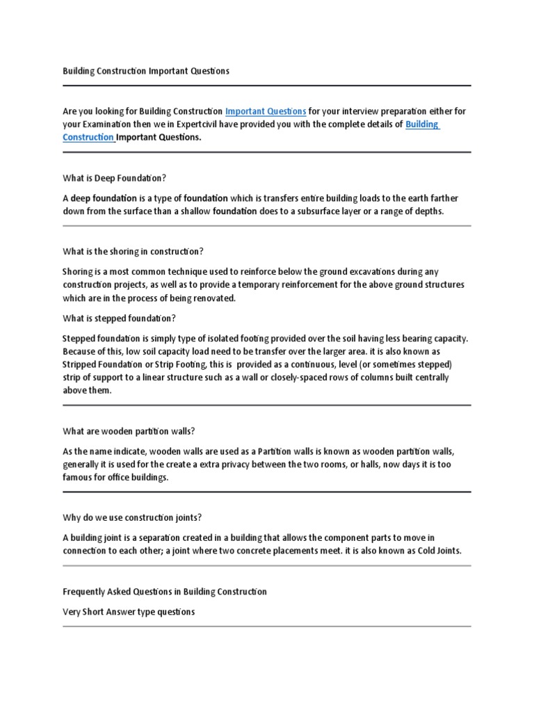 Building Construction Important Questions | PDF | Cement | Deep Foundation