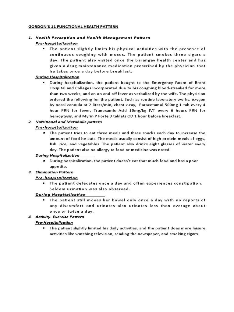 Gordon'S 11 Functional Health Pattern | PDF | Hospital | Patient