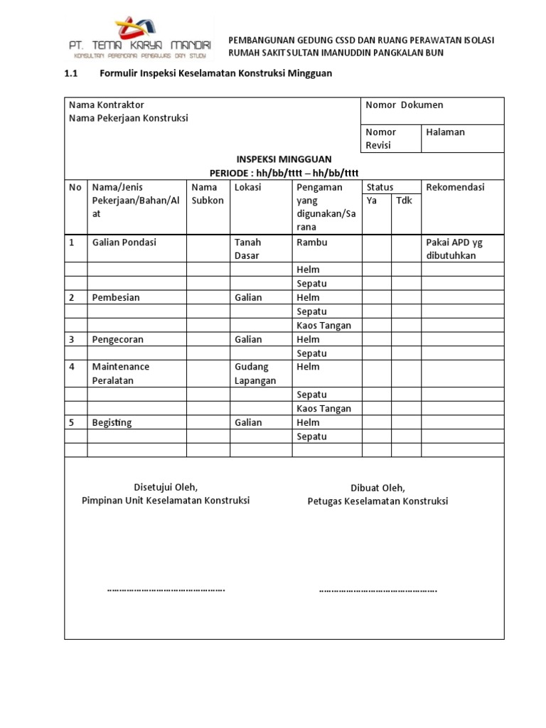 Formulir Inspeksi Keselamatan Konstruksi Mingguan | PDF