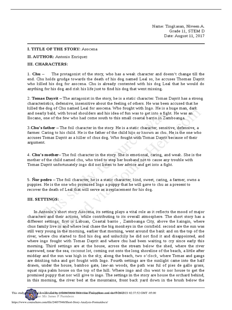 This Study Resource Was: I. Title of The Story: Asocena II. AUTHOR ...