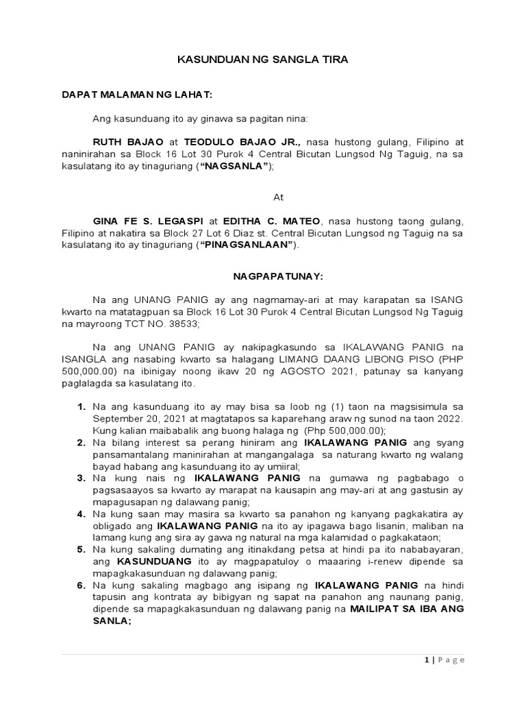 Kasunduan NG Sangla Tira | PDF