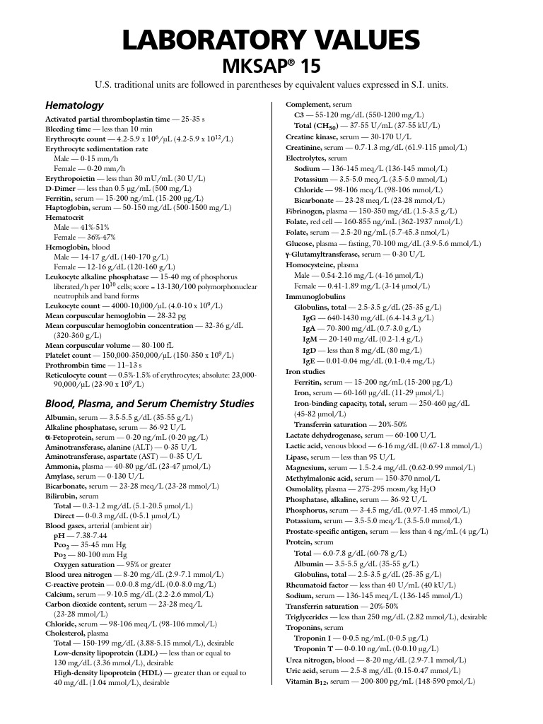 Normal Laboratory Values | PDF | Physiology | Medical Specialties