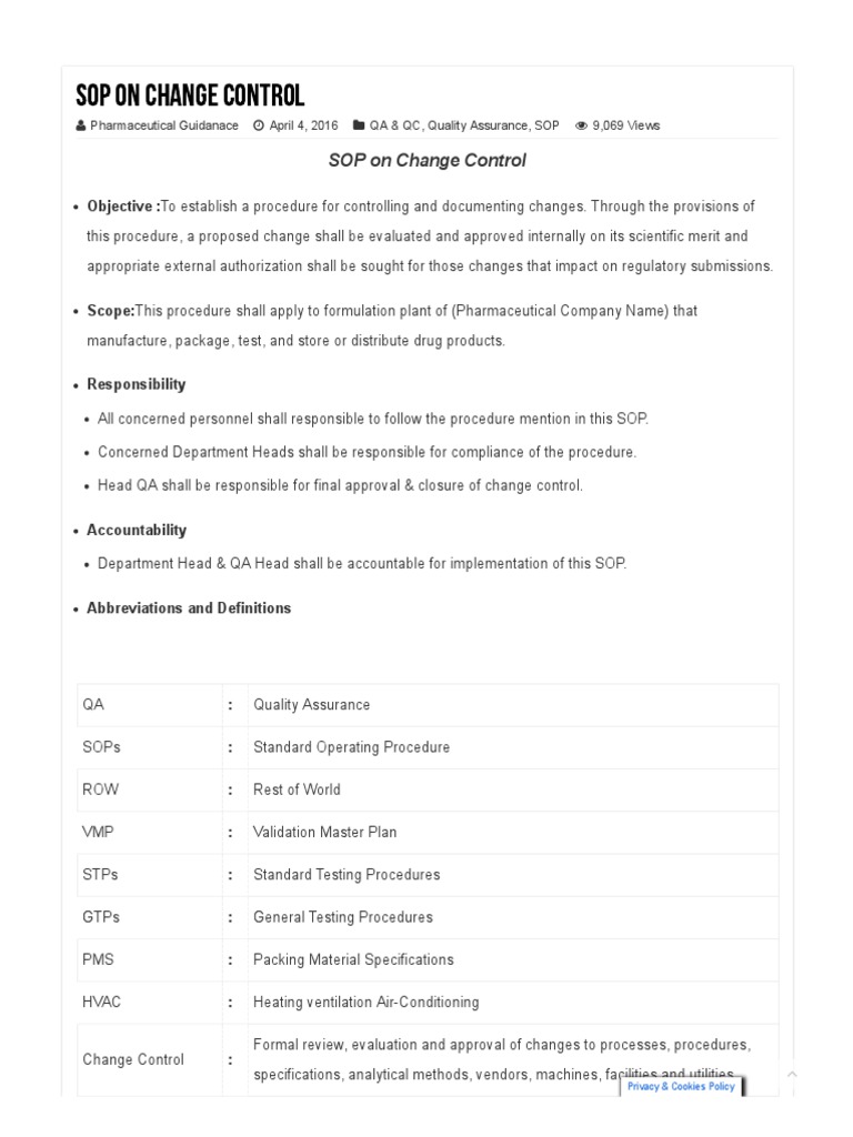 SOP On Change Control | PDF | Specification (Technical Standard) | Quality Assurance