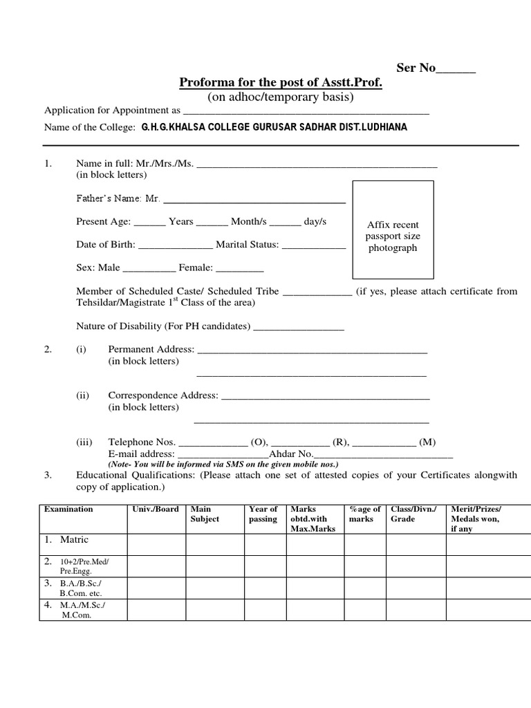 Proforma Application for Asstt. Prof. | PDF | Educational Stages ...