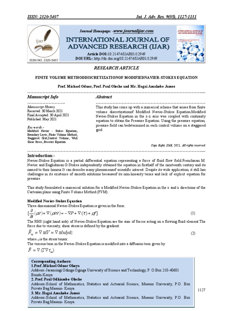 Finite Volume Methoddiscretization Of Modifiednavier Stokes Equation Pdf Navier Stokes