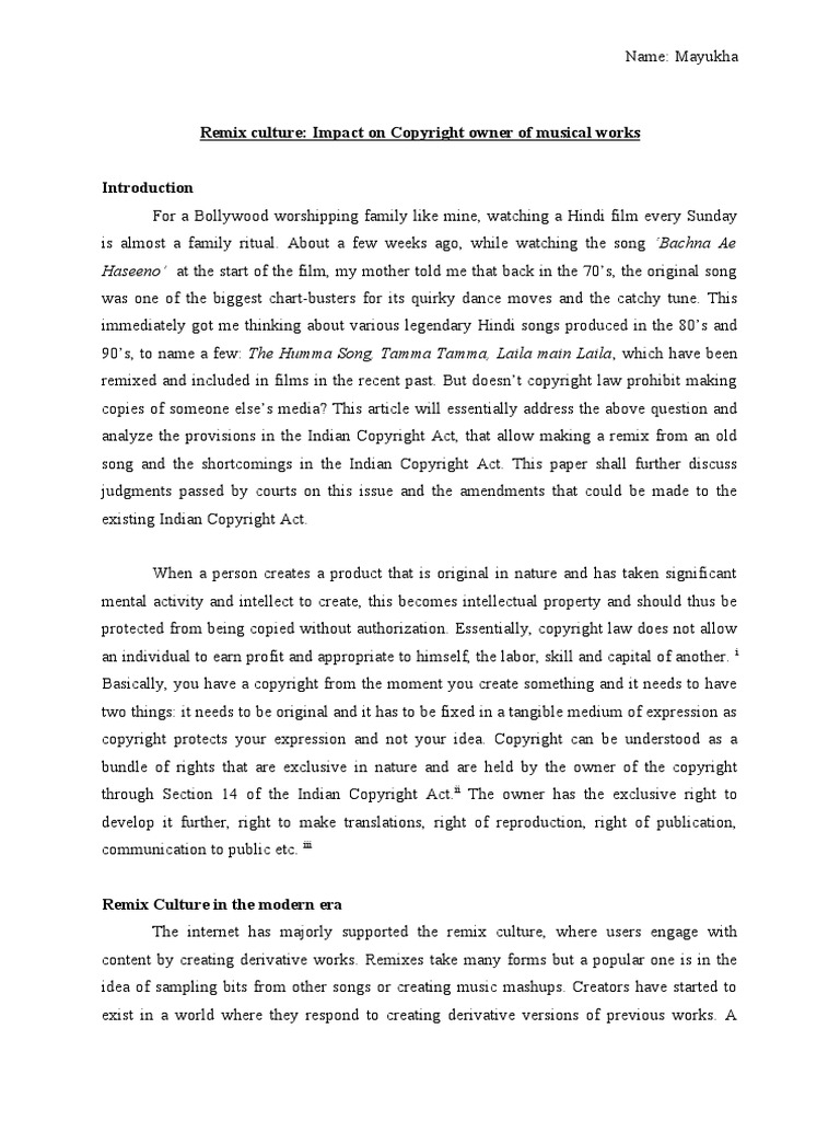 Remix Culture - Impact On Copyright Owner of Musical Works | PDF ...