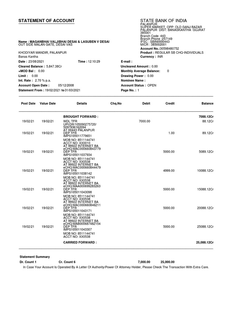 Statement of Account: State Bank of India | PDF | Debits And Credits ...
