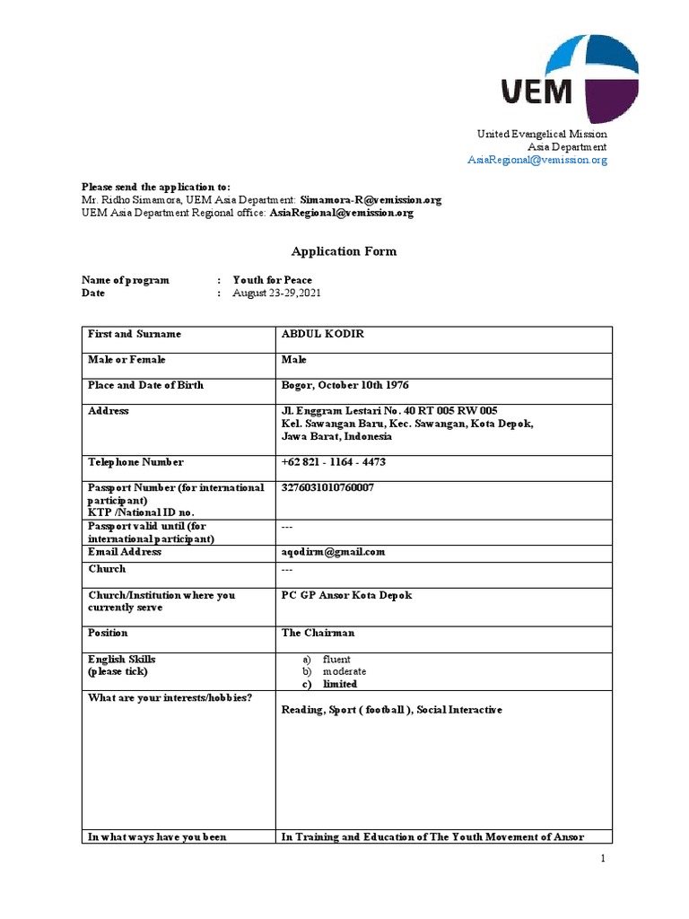 Abdul Kodir - UEM Asia - Application Form | PDF