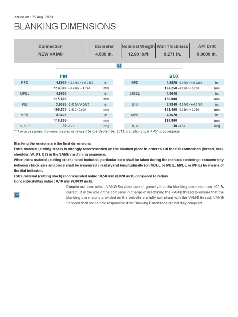 Blanking Dimensions: Connection Diameter Nominal Weigth Wall Thickness ...