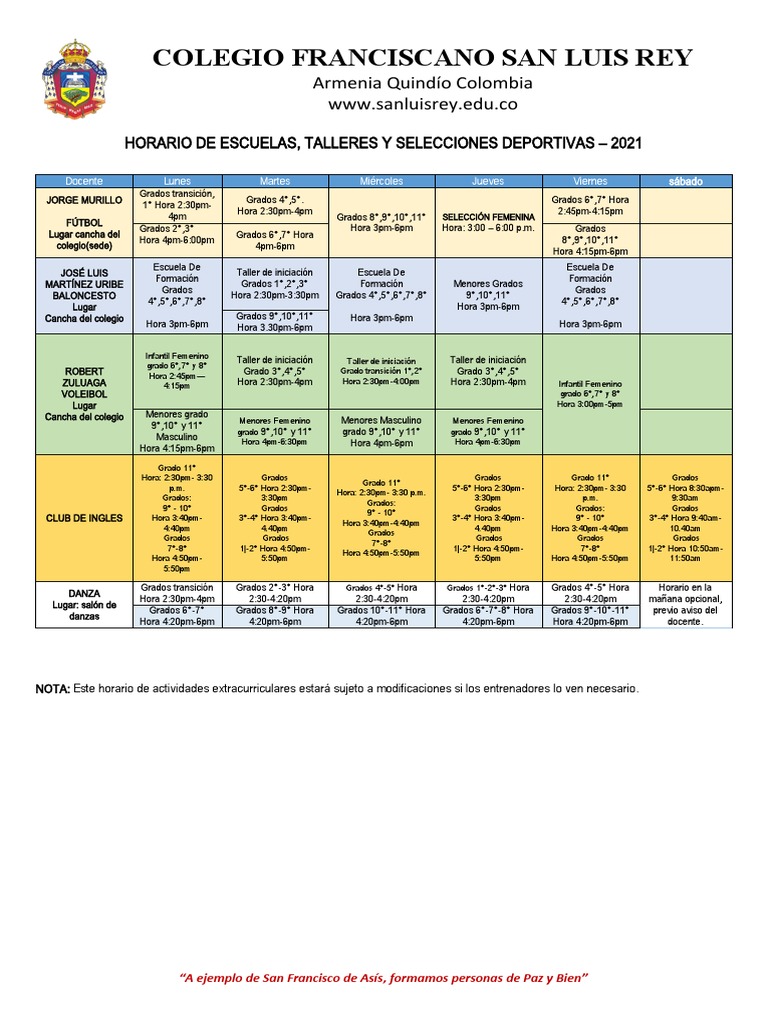 Horarios Actividades Extracurriculares 2021 | PDF