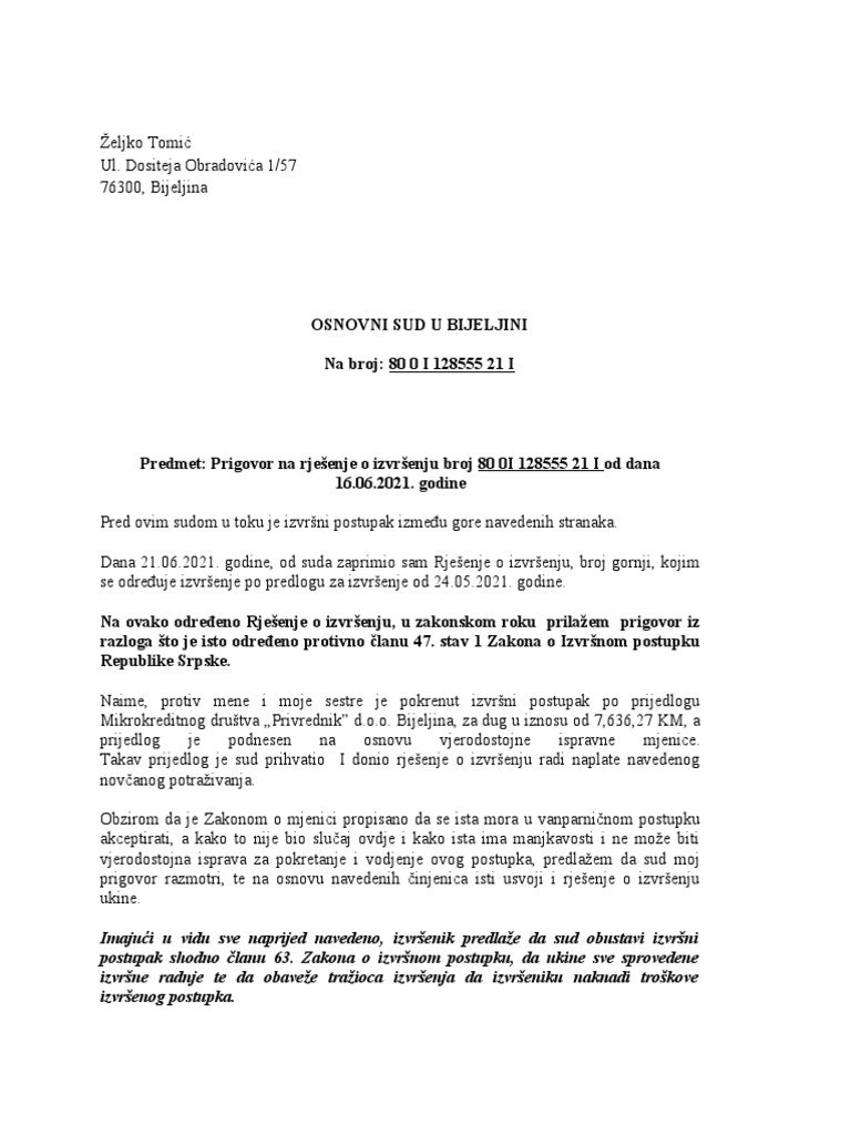 Prigovor (Izvršenje) - Miodrag Dragičević | PDF