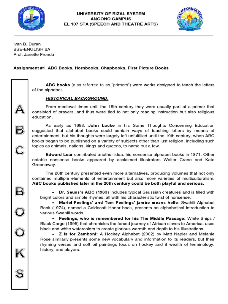 Assignment #1 - ABC Books, Hornbooks, Chapbooks, First Picture Books ...