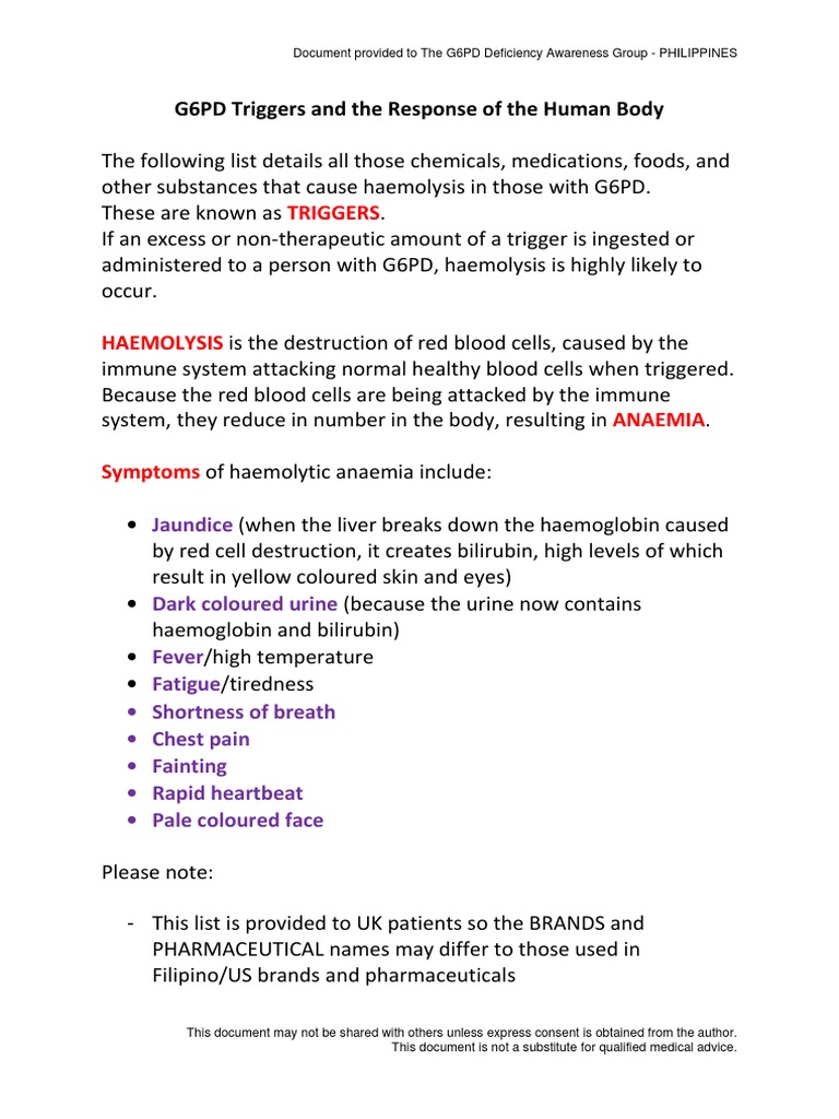 G6PD Triggers and Haemolysis Risks | PDF | Anemia | Medicine