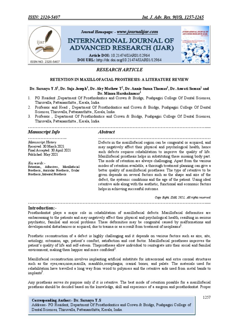 Retention in Maxillofacial Prosthesis: A Literature Review | PDF ...