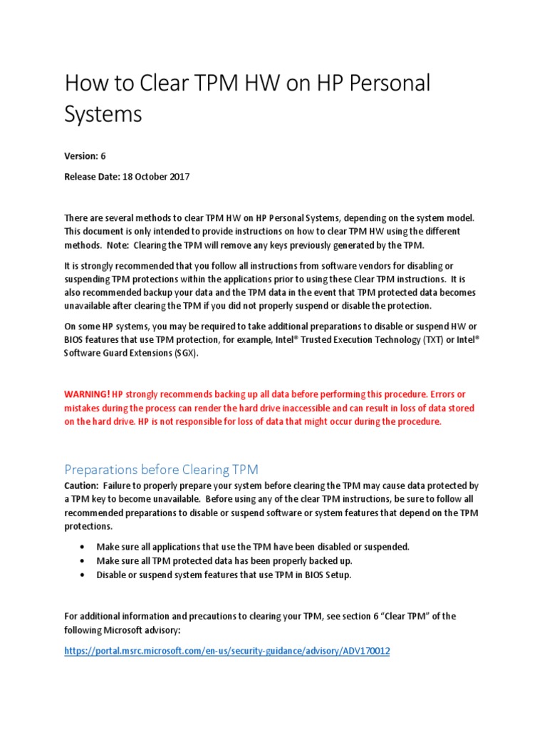 How To Clear TPM HW On HP Personal Systems: Preparations Before ...