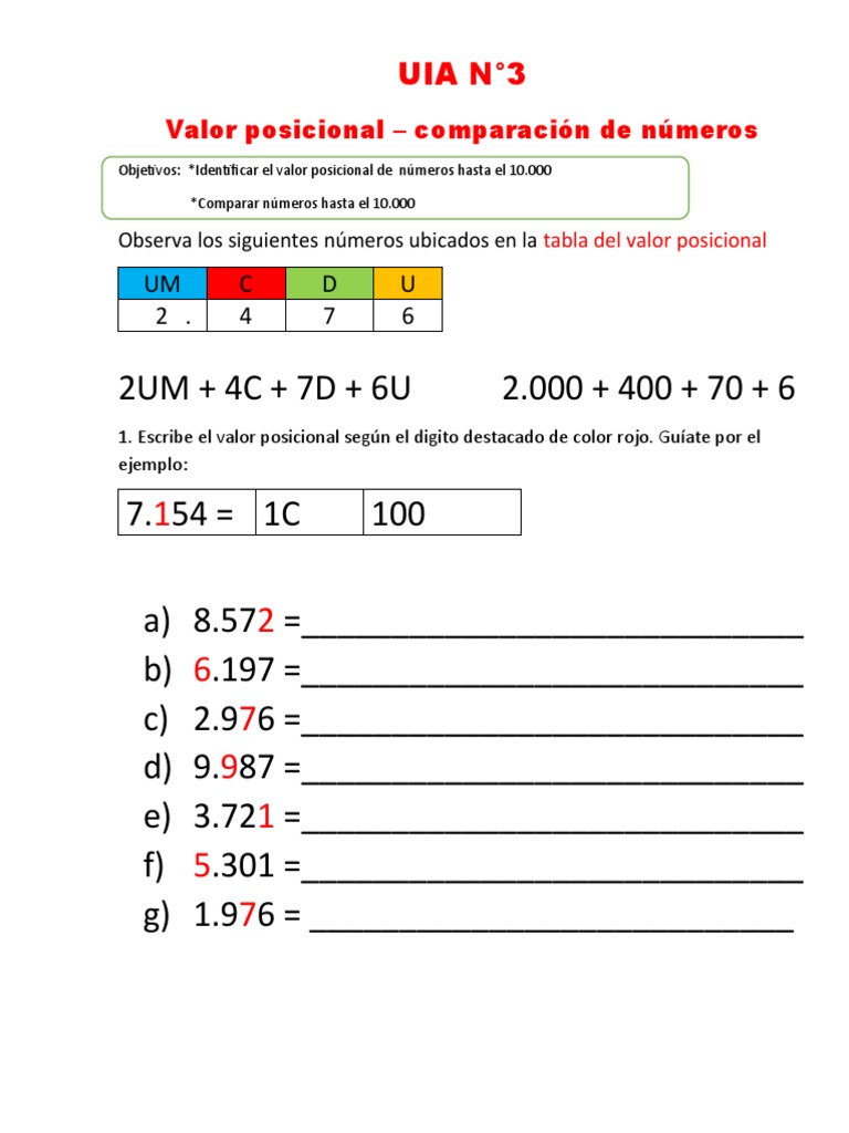 Valor Posicional y Comparación Numérica | PDF | Métodos y materiales de ...