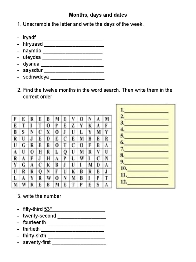 Days of the Week, Months and Dates Word Puzzle | PDF