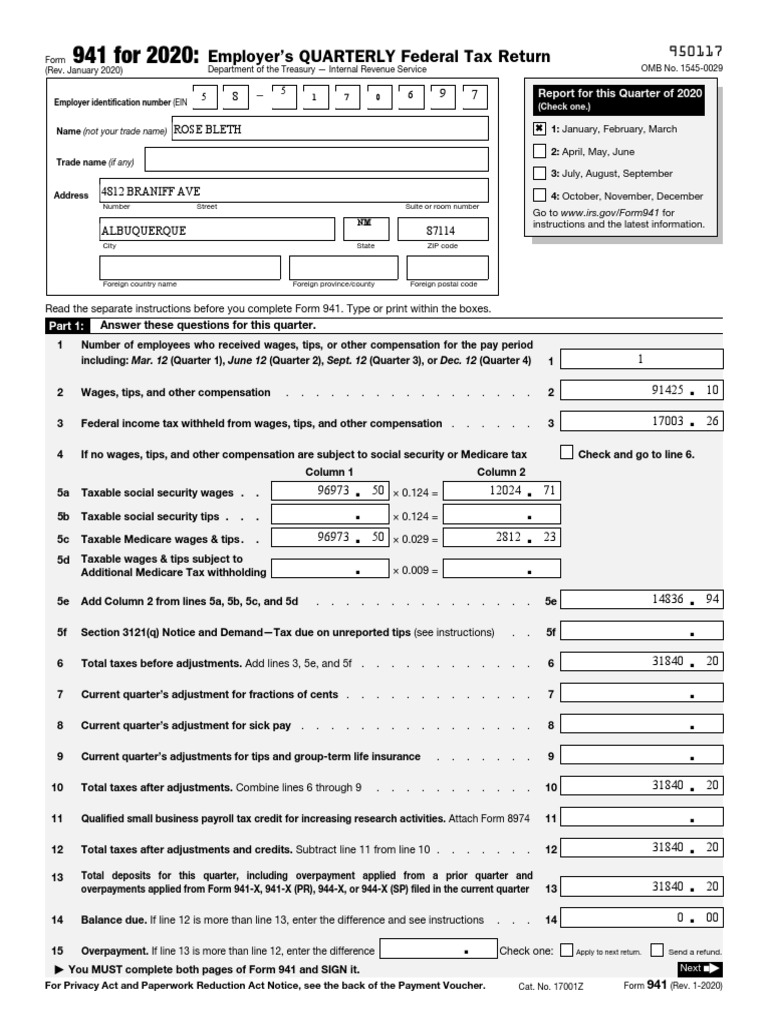 Employer's QUARTERLY Federal Tax Return: Report For This Quarter of ...