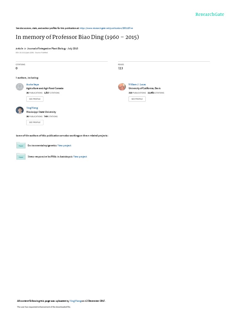 In Memory of Professor Biao Ding 1960 - 2015 | PDF | Rna | Biology