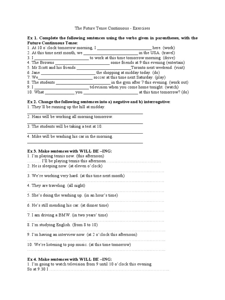 The Future Continuous Tense Exercises | PDF | Linguistic Morphology | Language Mechanics
