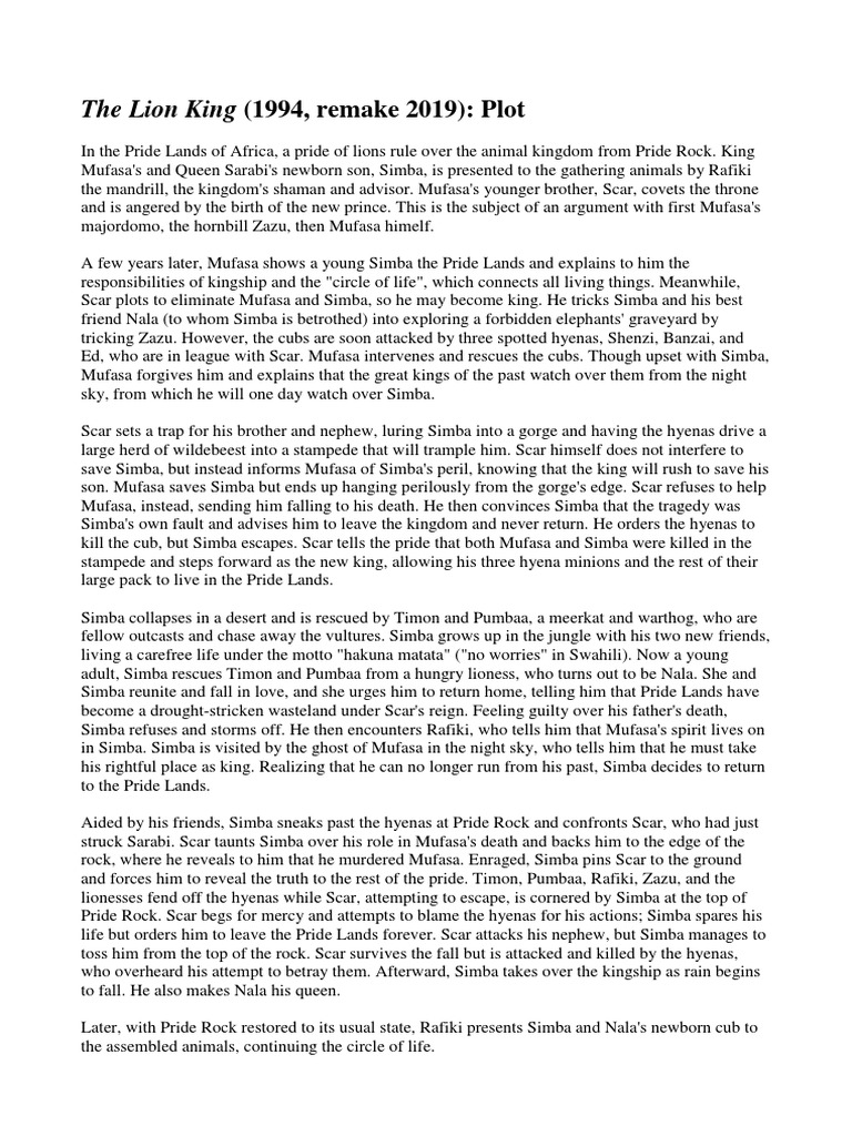 The Lion King (1994) Plot | PDF | Classics