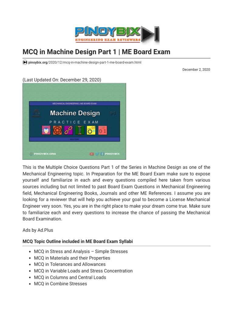 MCQ in Machine Design Part 1 - ME Board Exam | PDF | Gear | Young's Modulus