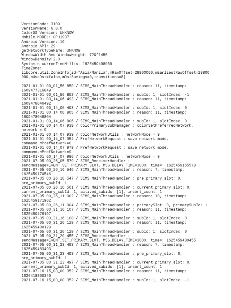 Log file capturing mobile device system information, SIM card details ...