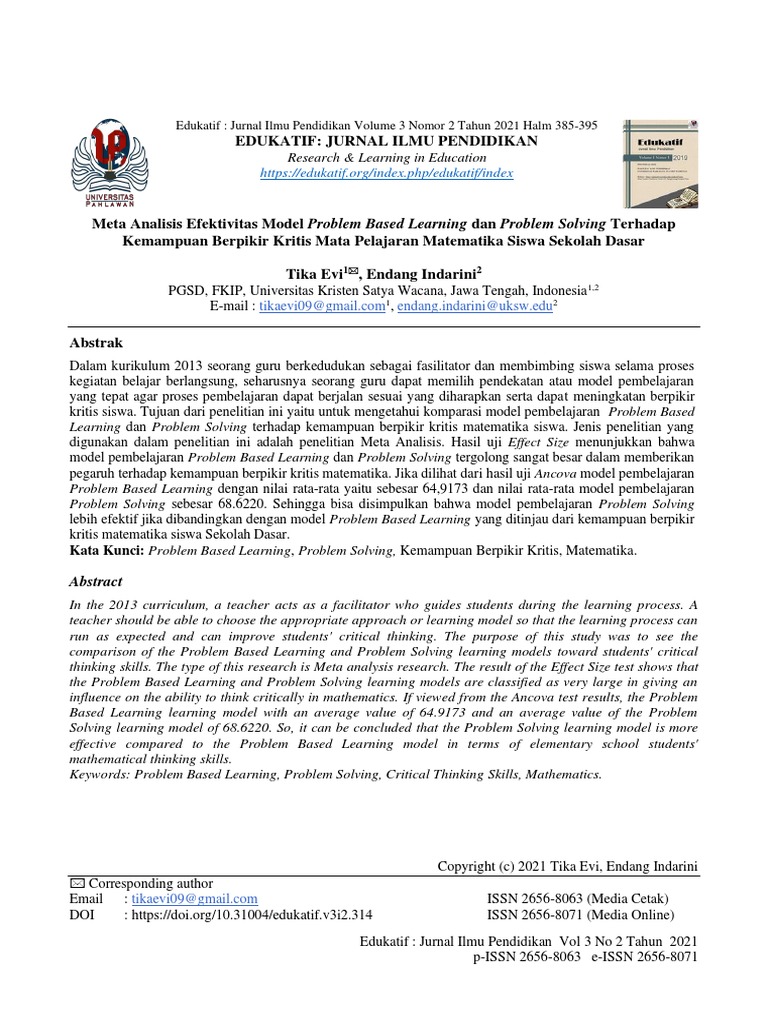 Meta Analisis Efektivitas Model Problem Based Learning Dan Problem Solving Terhadap | PDF