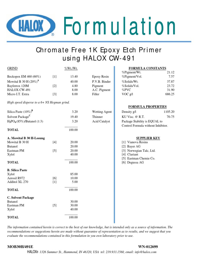 Formulation Formulation: Chromate Free 1K Epoxy Etch Primer Using HALOX ...