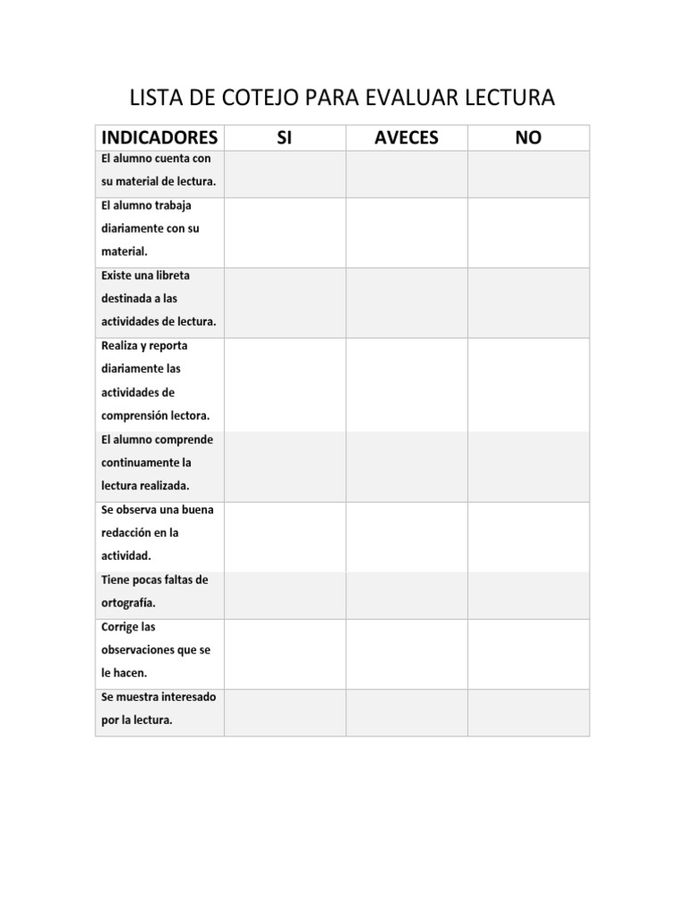 Lista de Cotejo Lectura | PDF