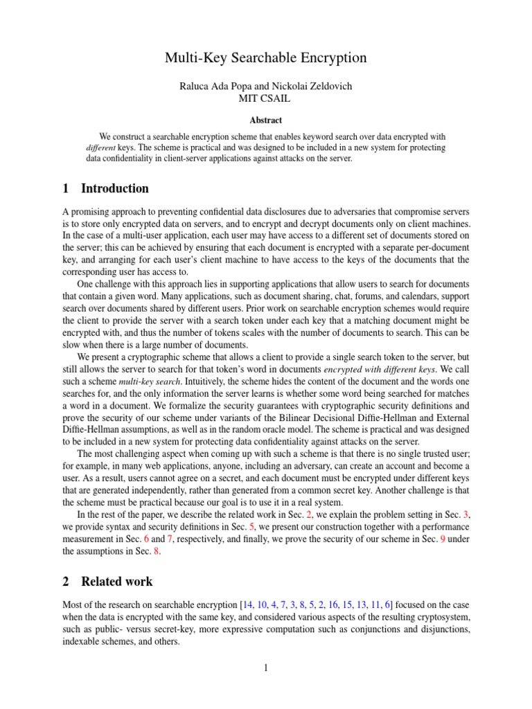 Multi Key Searchable Encryption Raluca Ada Popa And Nickolai Zeldovich Mit Csail Pdf Public 