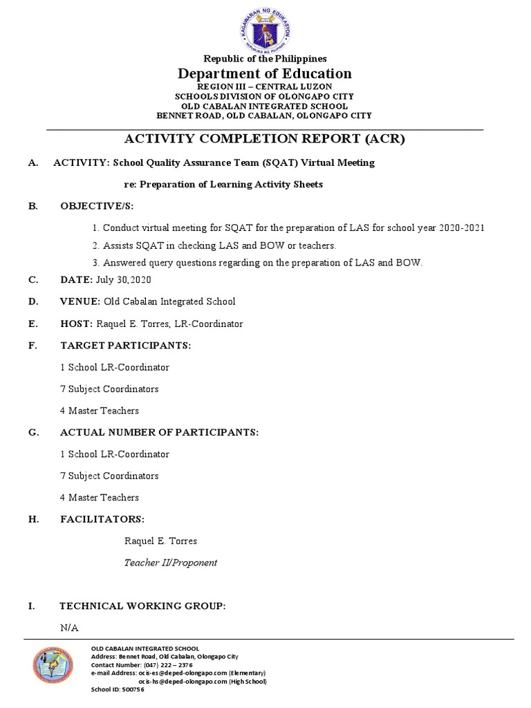 Department of Education: Activity Completion Report (Acr) | PDF