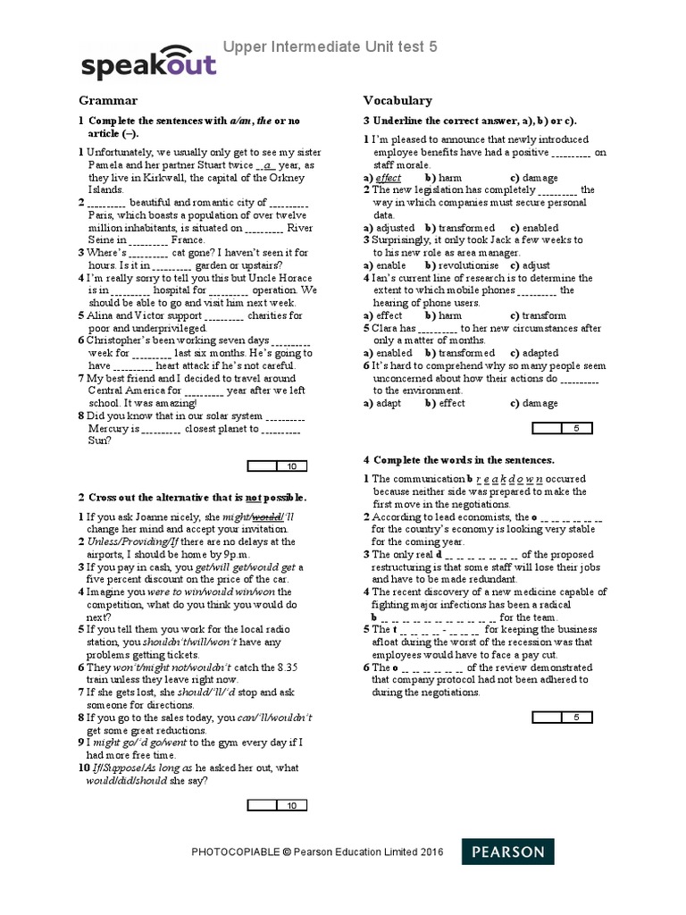 Upper Intermediate Unit Test 5: Grammar Vocabulary | PDF | Economies