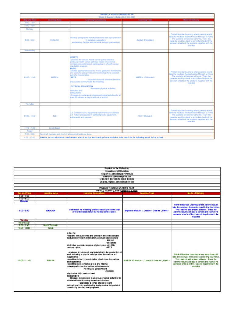 Weekly Home Learning Plan Overview | PDF | Modularity | Physical Education