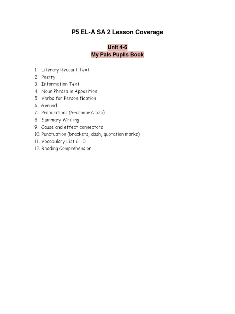 P5 EL-A SA 2 Lesson Coverage | PDF | Language Arts & Discipline