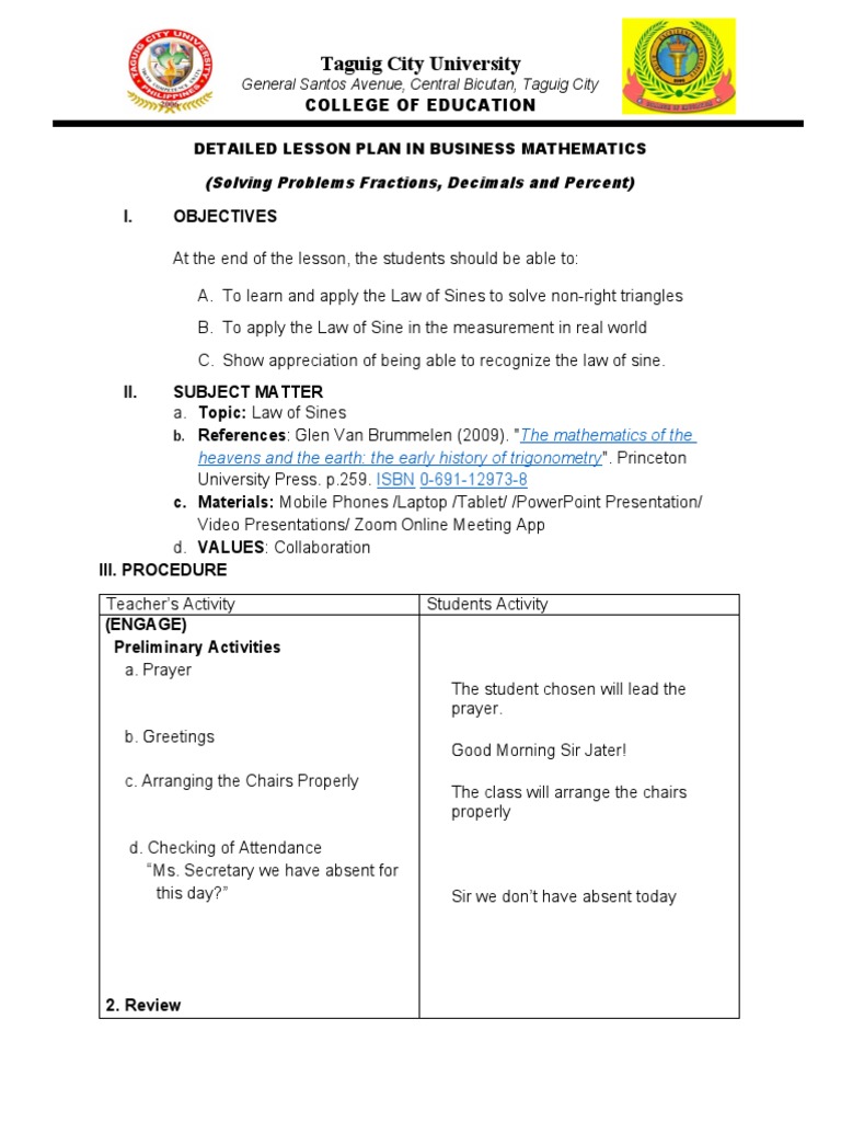 Business Mathematics Lesson Plan | PDF | Triangle | Trigonometric Functions