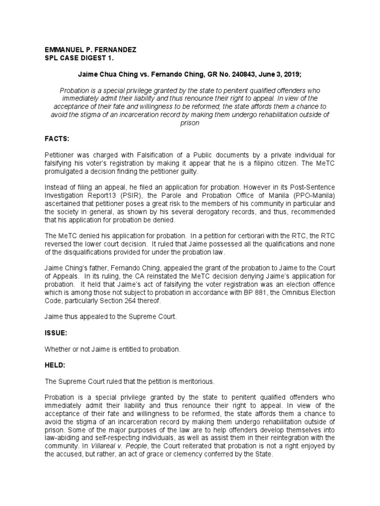 SPL DIGESTS - Jaime Chua Ching vs. Fernando Ching, GR No. 240843, June ...