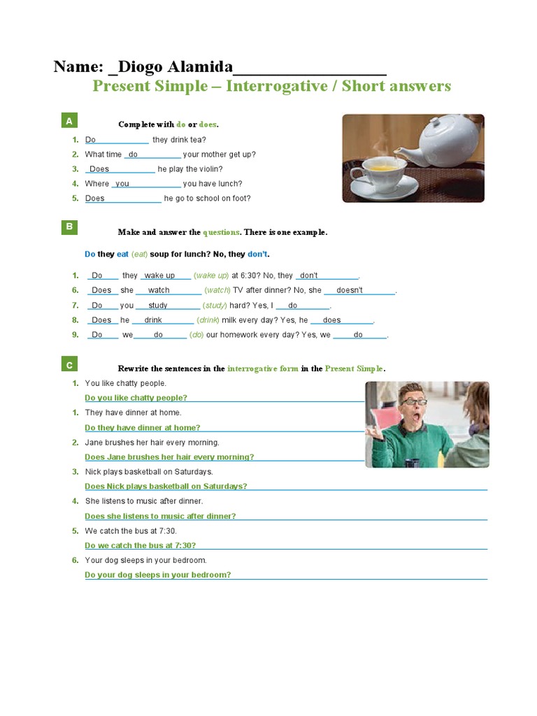 Present Simple - Interrogative / Short Answers: Name: - Diogo Alamida | PDF