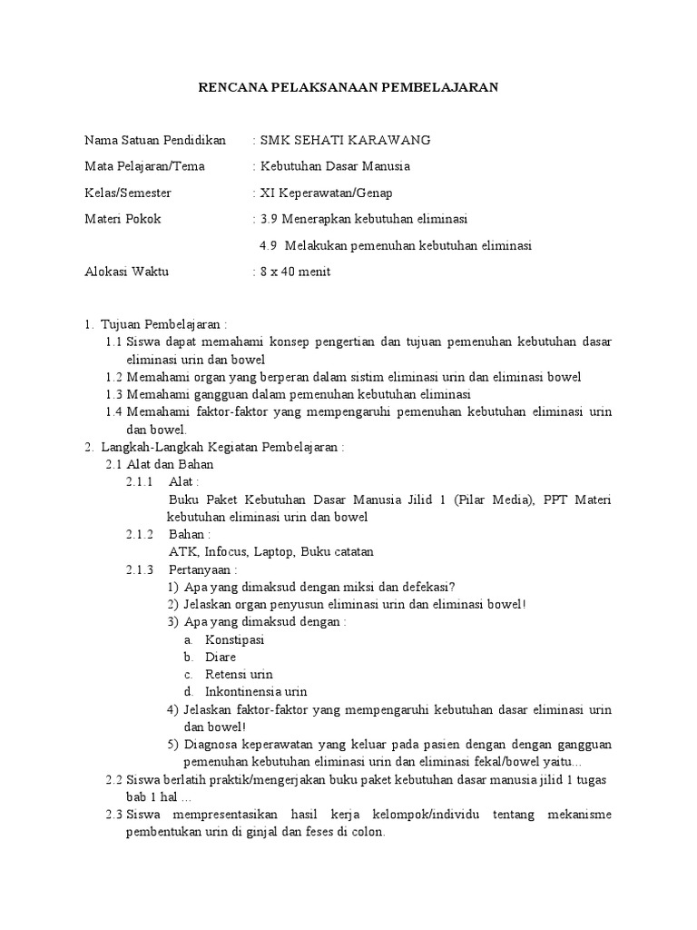 RPP Ganjil KDM Xii PWT 1 Kebutuhan Eliminasi | PDF