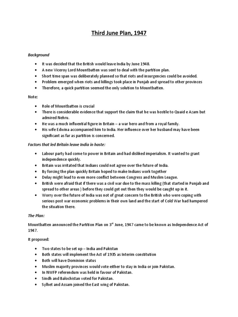 Third June Plan, 1947: Background | PDF | Partition Of India | British Raj