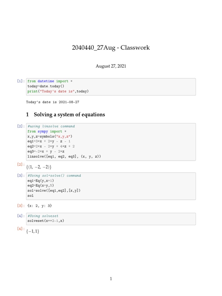 27aug - Classwork: 1 Solving A System of Equations | Download Free PDF | Mathematical Objects ...