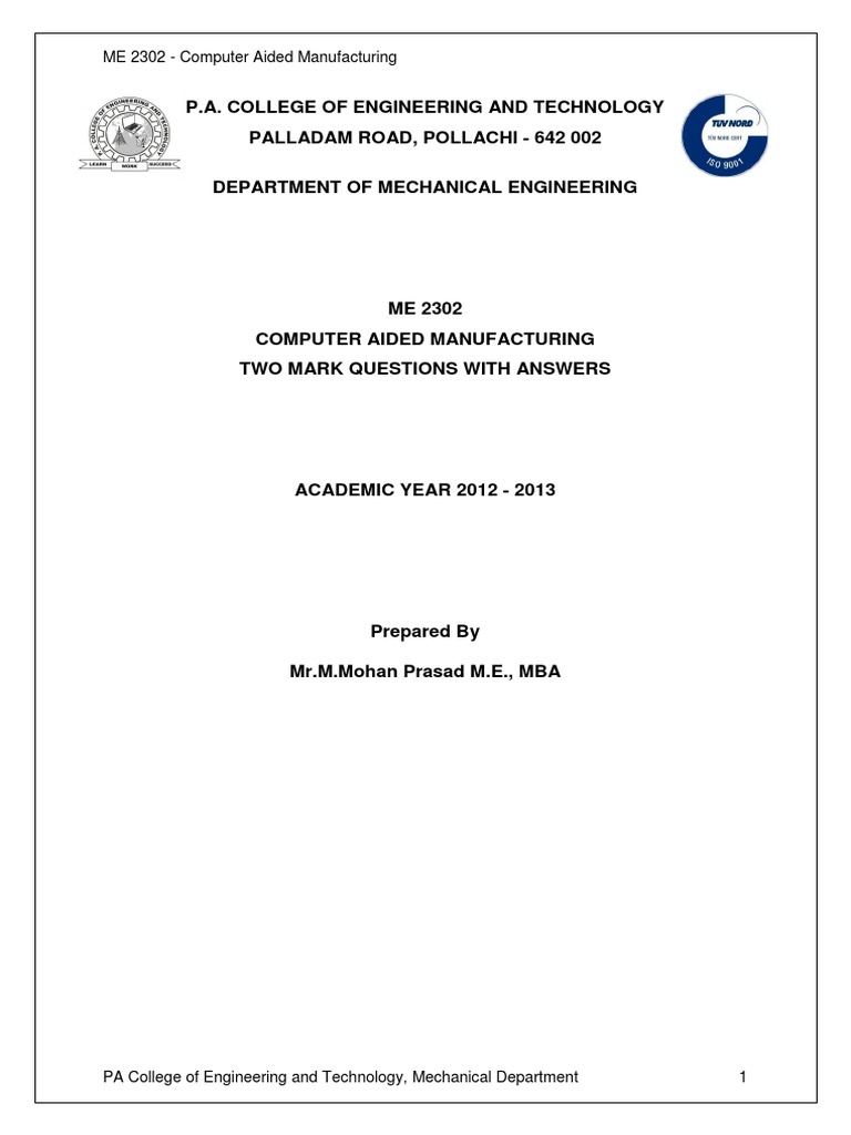 Computer Aided Manufacturing 2 Marks All 5 Units | PDF | Numerical ...