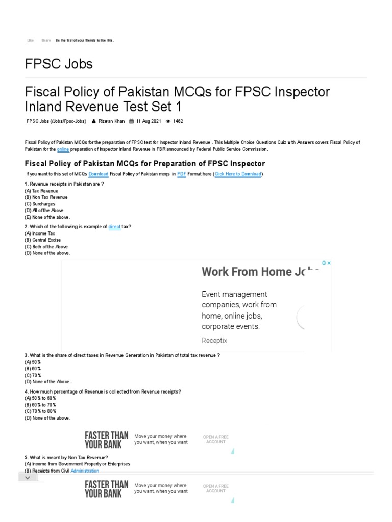 Fiscal Policy of Pakistan MCQs For FPSC Inspector Inland Revenue Test ...
