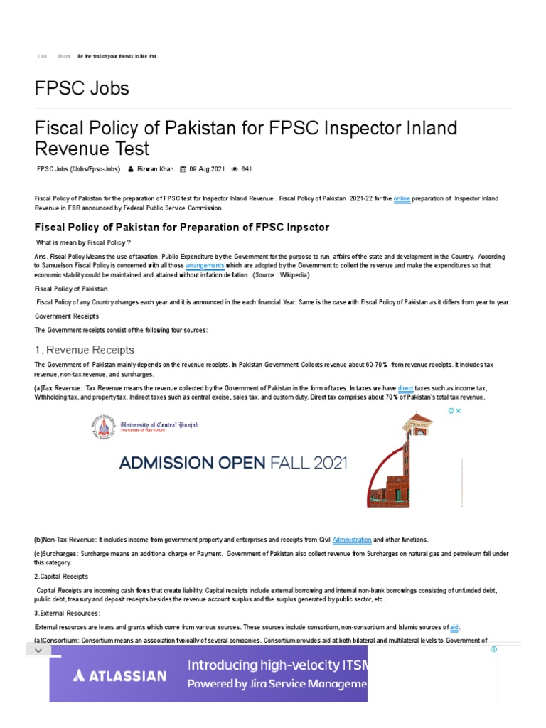 Fiscal Policy of Pakistan For FPSC Inspector Inland Revenue Test | PDF ...