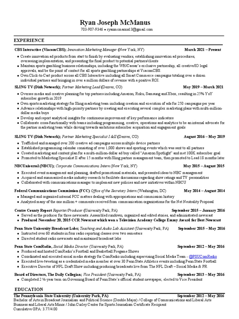 Mcmanus Ryan Resume-2021 v1 | PDF | Pennsylvania State University | Nbc ...