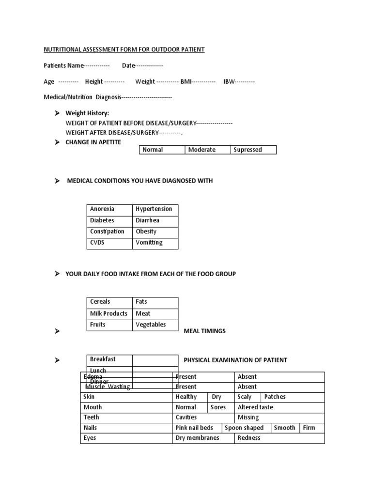 Nutritional Assessment Form For Outdoor Patients | PDF | Obesity | Foods