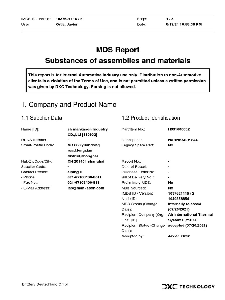 MDS Report Substances of Assemblies and Materials: 1. Company and ...