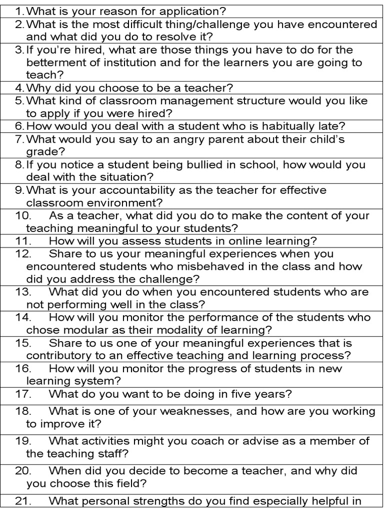 Possible Questions For Interview | PDF | Teachers | Classroom
