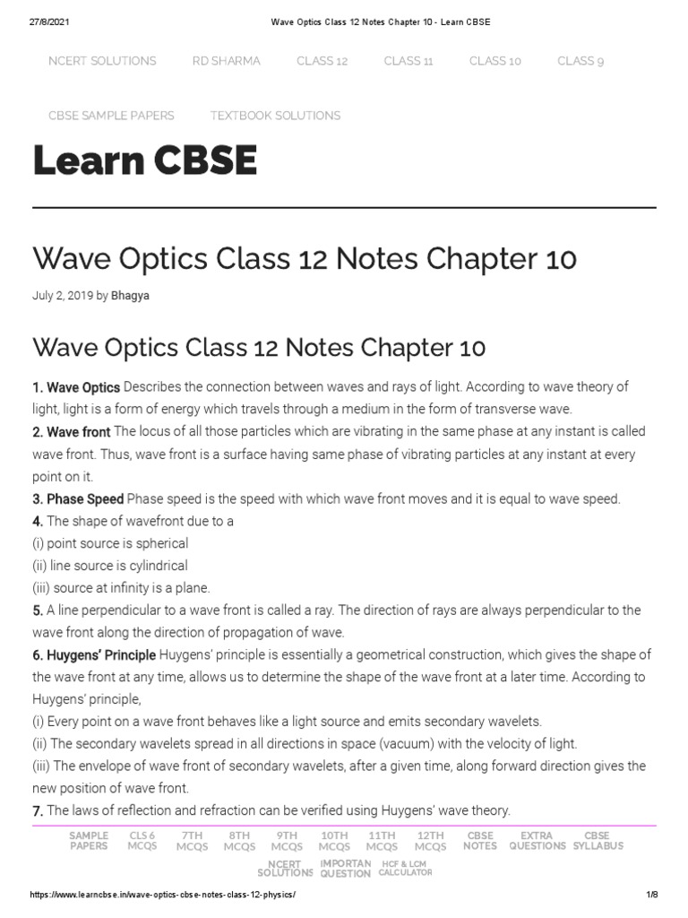 Wave Optics Class 12 Notes Chapter 10 - Learn CBSE | PDF | Waves | Optics